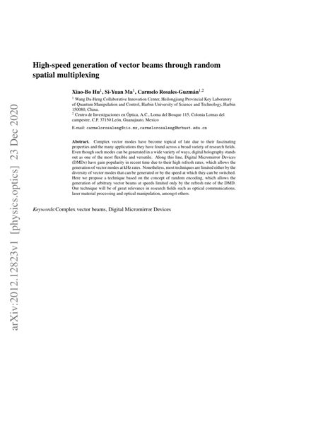Pdf High Speed Generation Of Vector Beams Through Random Spatial Multiplexing