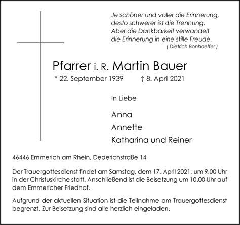 Alle Traueranzeigen für Martin Bauer trauer rp online de