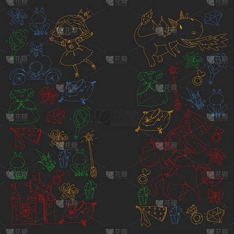 公主矢量模式。可爱的小公主和独角兽和龙。小女孩的城堡，衣服，魔杖。带有皇冠和青蛙的童话图标。幻想插图素材 花瓣网