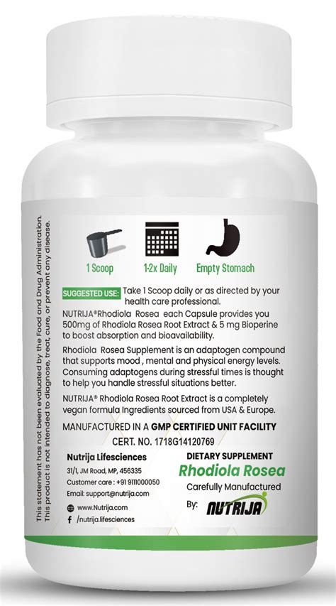 Buy Nutrija Rhodiola Rosea Root Extract Powder Supplement 60 Capsules