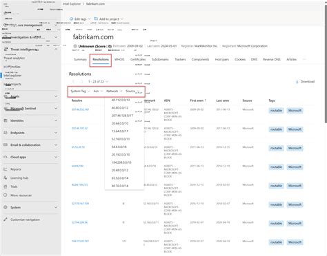Microsoft Defender 脅威インテリジェンスを使用したデータの並べ替え、フィルター処理、ダウンロード Defender Ti