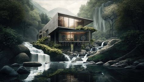 Modern House In Deep Forest With Waterfall Generative Ai Stock Illustration Illustration Of