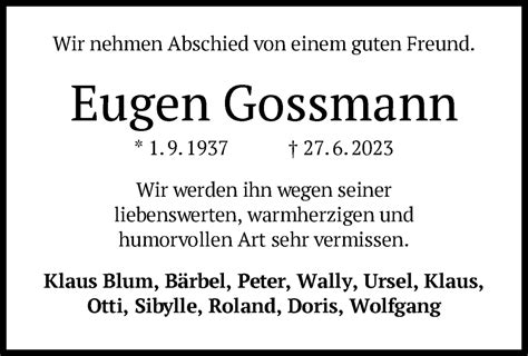 Traueranzeigen Von Eugen Gossmann Trauer Op Online De