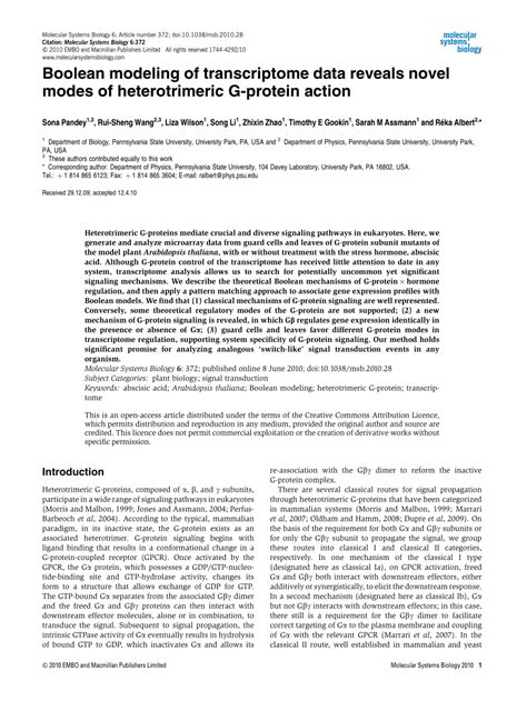 Pdf Boolean Modeling Of Transcriptome Data Reveals Novel Modes Of Heterotrimeric G Protein Action