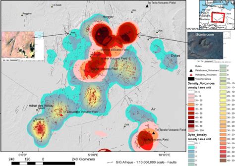 Overlay Of The Density Calculation Of Dykes And Of Volcanic Cones