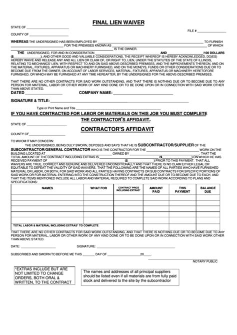 Contractors Affidavit Final Lien Waiver Form Printable Pdf Download
