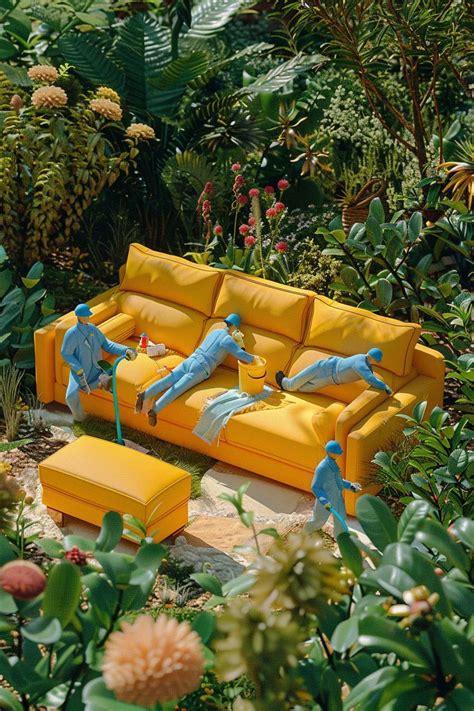 미니어처 사진 파란 작업복을 입은 사람이 거대한 노란 소파를 청소