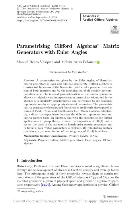 Parametrizing Clifford Algebras Matrix Generators With Euler Angles Request Pdf