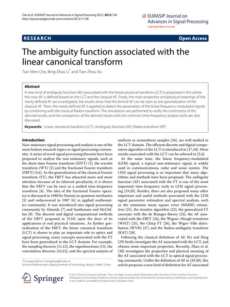 Pdf The Ambiguity Function Associated With The Linear Canonical Transform