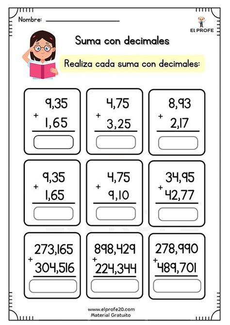 Fichas De Ejercicios De Suma Con Decimales El Profe 20 Actividades