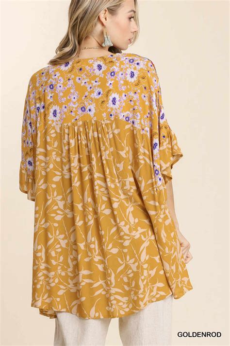 Mixed Print Ruffled Half Sleeve Open Front Kimono