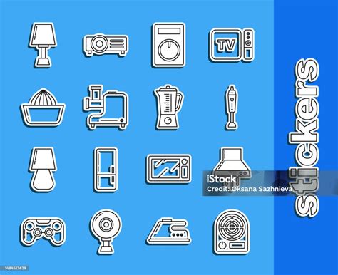 세트 라인 전기 히터 주방 추출기 팬 블렌더 리모콘 고기 분쇄기 감귤류 과즙 짜는기구 테이블 램프 및 아이콘 벡터 Brand Name Online Messaging