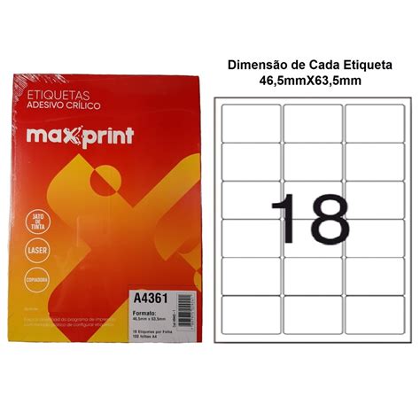 Etiqueta Auto Adesiva Papel A4 18 Etiquetas Por Folha Pacote 100 Folhas Ref A4361 Shopee