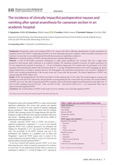 Pdf The Incidence Of Clinically Impactful Postoperative Nausea And Vomiting After Spinal