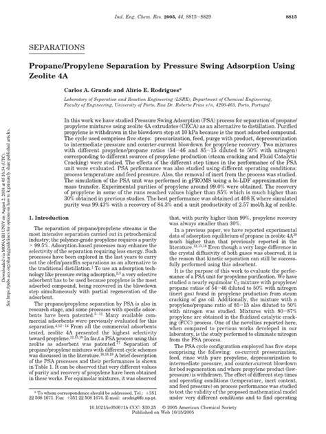 Propanepropylene Separation By Pressure Swing Adsorption Using Zeolite