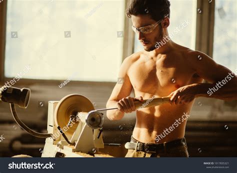 Wood Lathe Lathe Naked Operator Working Stock Photo