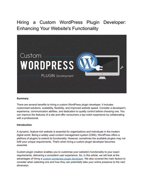Ppt Hiring A Custom Wordpress Plugin Developer Enhancing Your Websites Functionali