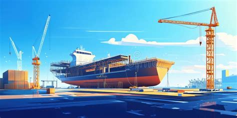 Shipbuilding Process At Modern Shipyard With Cranes Construction Site