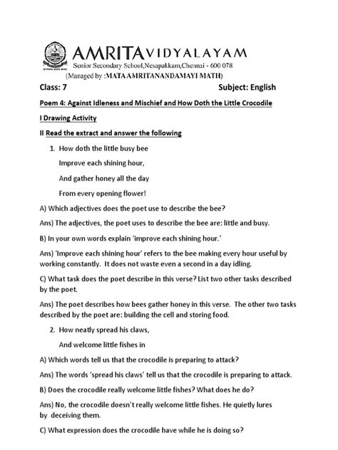 Class 7 Poem 4 Cw Pdf Language Arts And Discipline