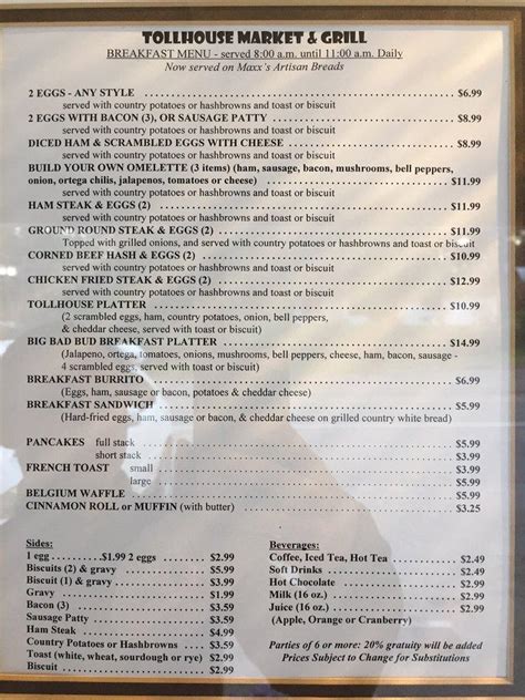 Menu At Tollhouse Market Grill Restaurant Tollhouse