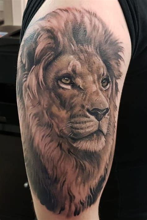 Realistic Color Lion Portrait Tattoo Made By Giena Revess Sleeve