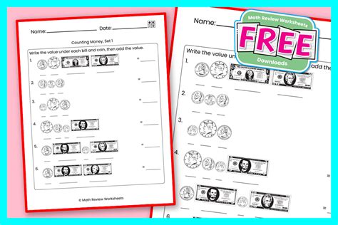 Counting Money Us Coins And Bills Set 1 Math Review Worksheets
