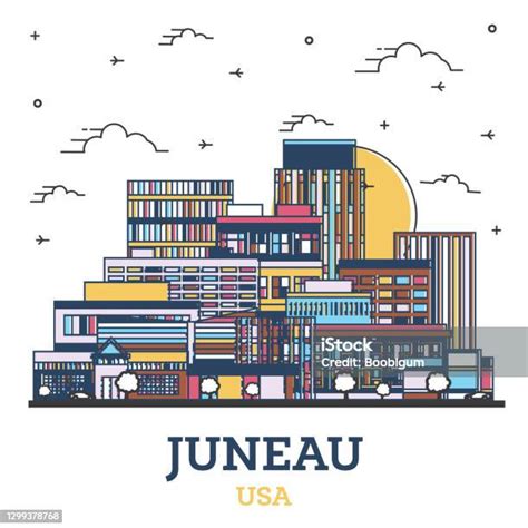 화이트에 고립 된 컬러 현대 건물과 주노 알래스카 시티 스카이 라인을 윤곽 거리에 대한 스톡 벡터 아트 및 기타 이미지 거리 건물 외관 건물 정면 Istock