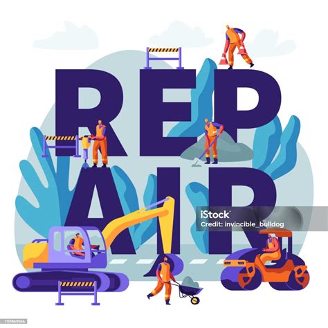 건설 기계 및 작업 사람들 개념으로도로 수리 굴 삭 기 및 아스팔트 유지 보수를 만드는 무거운 차량 롤링 포스터 배너 전단지 브로셔 만화 평면 벡터 일러스트 개념에 대한