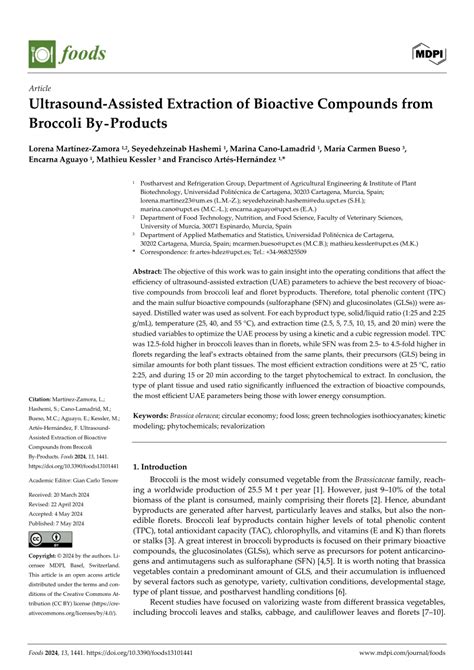 Pdf Ultrasound Assisted Extraction Of Bioactive Compounds From Broccoli By Products