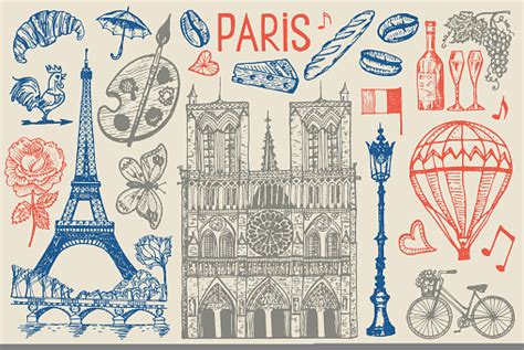 파리는 빈티지 복고풍 스타일로 설정되었습니다 프랑스 에펠 탑 및 건물 레트로 낙서 요소 벡터 일러스트레이션 손으로 그린 복고풍 스케치가 새겨져 있습니다 골동품 오래된 흑백