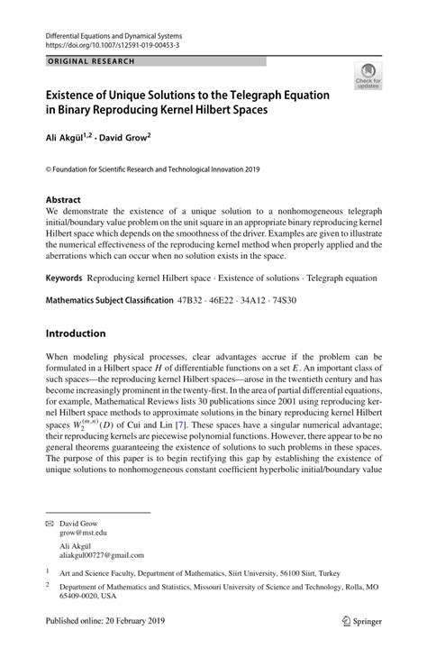 Pdf Existence Of Unique Solutions To The Telegraph Equation In Binary Reproducing Kernel