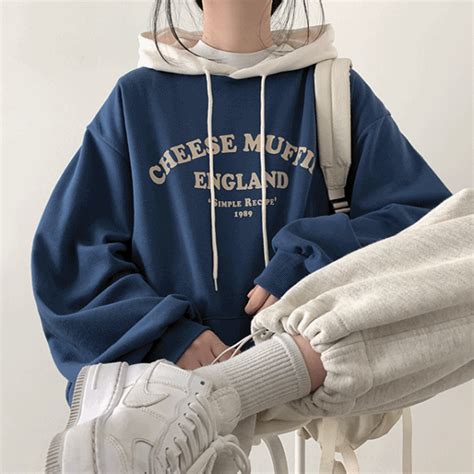 루즈핏캐주얼 치즈머핏 배색 프린팅 루즈핏 후드티 3color 에이블리