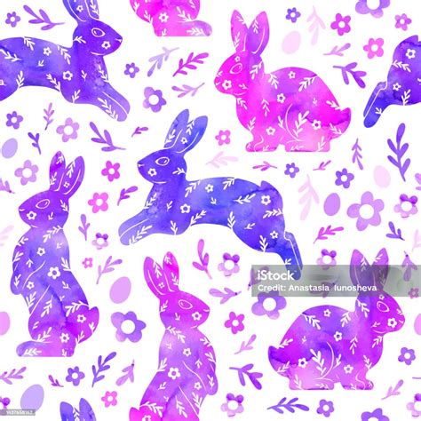 ウサギ花卵の水彩画優しい美しいベクターイラスト布地包装紙壁紙用の紫色のシームレスなパターン お祝いのベクターアート素材や画像を多数ご用意