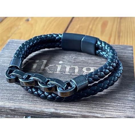 BRACELET VIKING RAGNAR CUIR NOIR CHAINE SYMBOLES ACIER BOITE VIKING POCHETTE Achat Vente