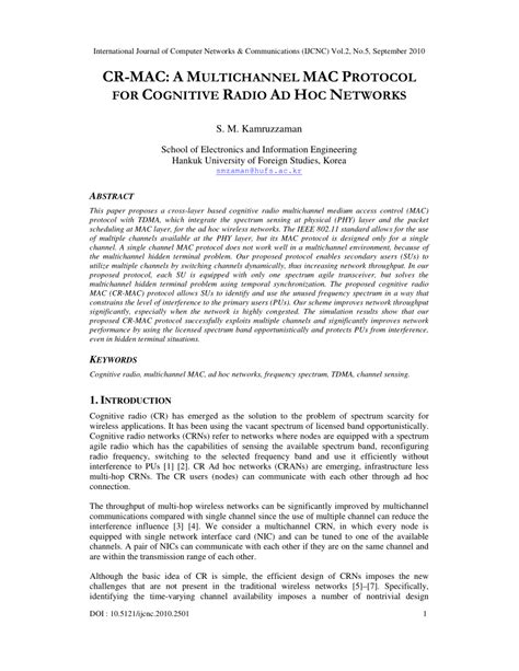 PDF CR MAC A Multichannel MAC Protocol For Cognitive Radio Ad Hoc Networks