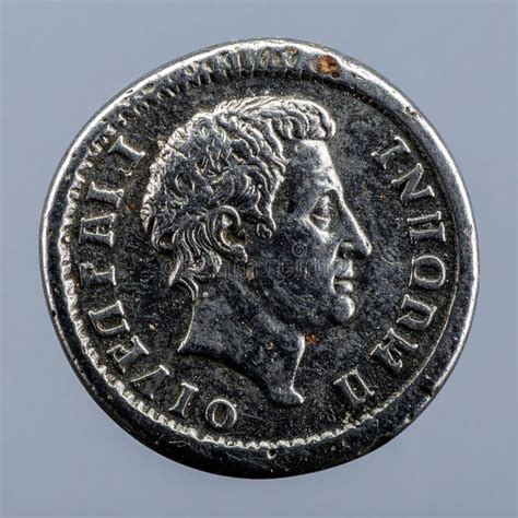 Ancient Roman Silver Denarius Coin Of Emperor Tiberius Stock