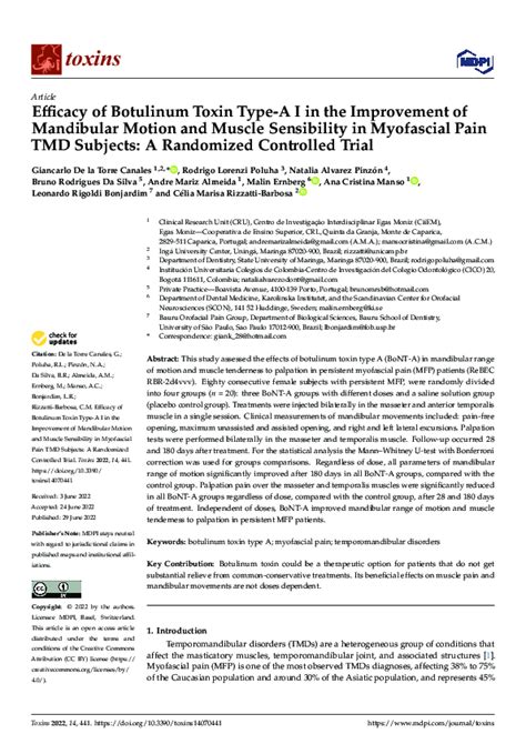 Pdf Efficacy Of Botulinum Toxin Type A I In The Improvement Of Mandibular Motion And Muscle