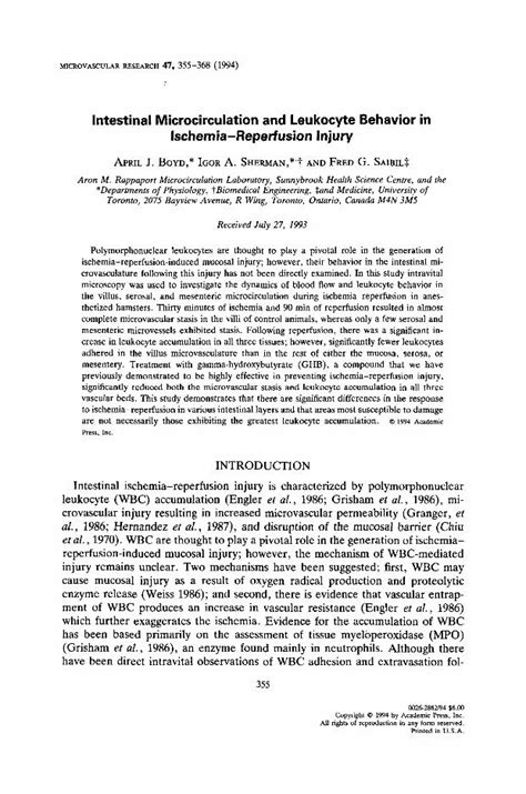 Pdf Intestinal Microcirculation And Leukocyte Behavior In Ischemia