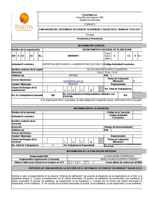 Evaluacion Inicial Sgsst Arl Positiva Pdf Liderazgo Asistencia