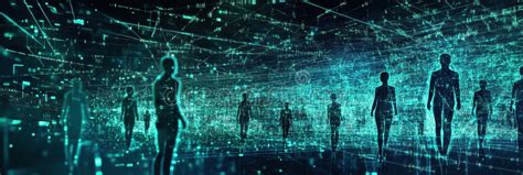 Floating Human Silhouettes Traverse An Abstract Digital World Filled