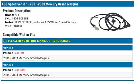 2001 2003 Mercury Grand Marquis Abs Speed Sensor Api 5762 07835791 Rear Left