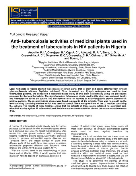 Pdf Anti Tuberculosis Activities Of Medicinal Plants Used In The Treatment Of Tuberculosis In