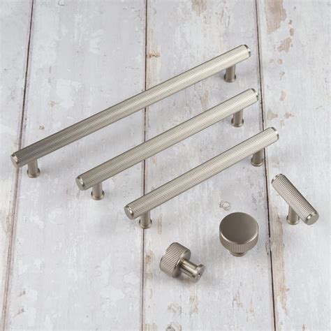 Satin Nickel Solid Brass Reeded Knurled Kitchen Handles And Matching