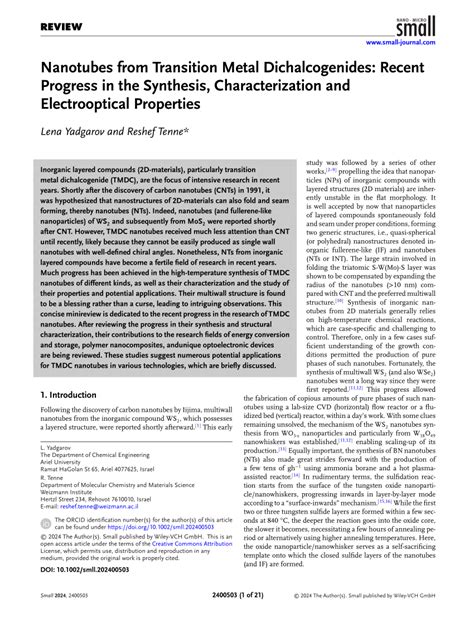 Pdf Nanotubes From Transition Metal Dichalcogenides Recent Progress In The Synthesis