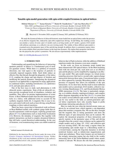 Pdf Tunable Spin Model Generation With Spin Orbit Coupled Fermions In Optical Lattices