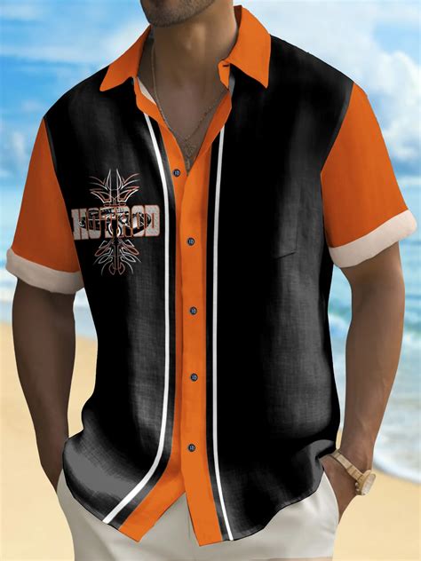 Royaura® Vintage Pinstripe Hot Rod Panel Bowling Printed Chest Pocket