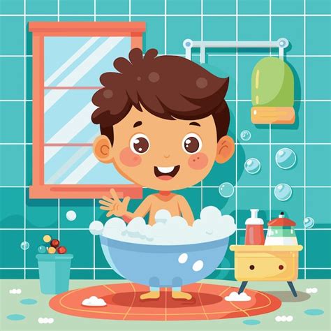 мальчик в ванне с ванной и окном на заднем плане Премиум Ai сгенерированный вектор