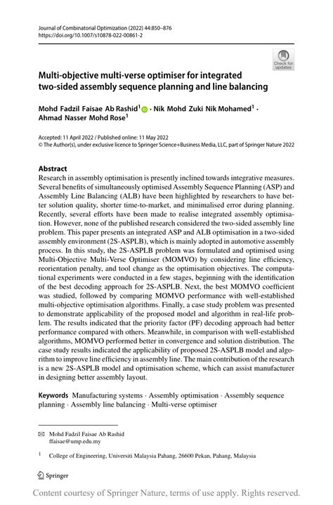 Multi Objective Multi Verse Optimiser For Integrated Two Sided Assembly