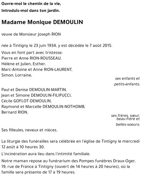 Avis De Décès De Monique Demoulin Décédé Le 07082015 à Tintigny