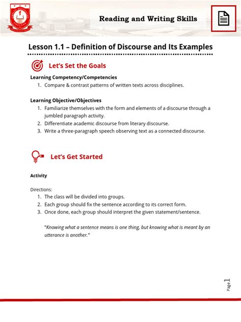 Lesson 11 Definition Of Discourse And Its Examples Pdf